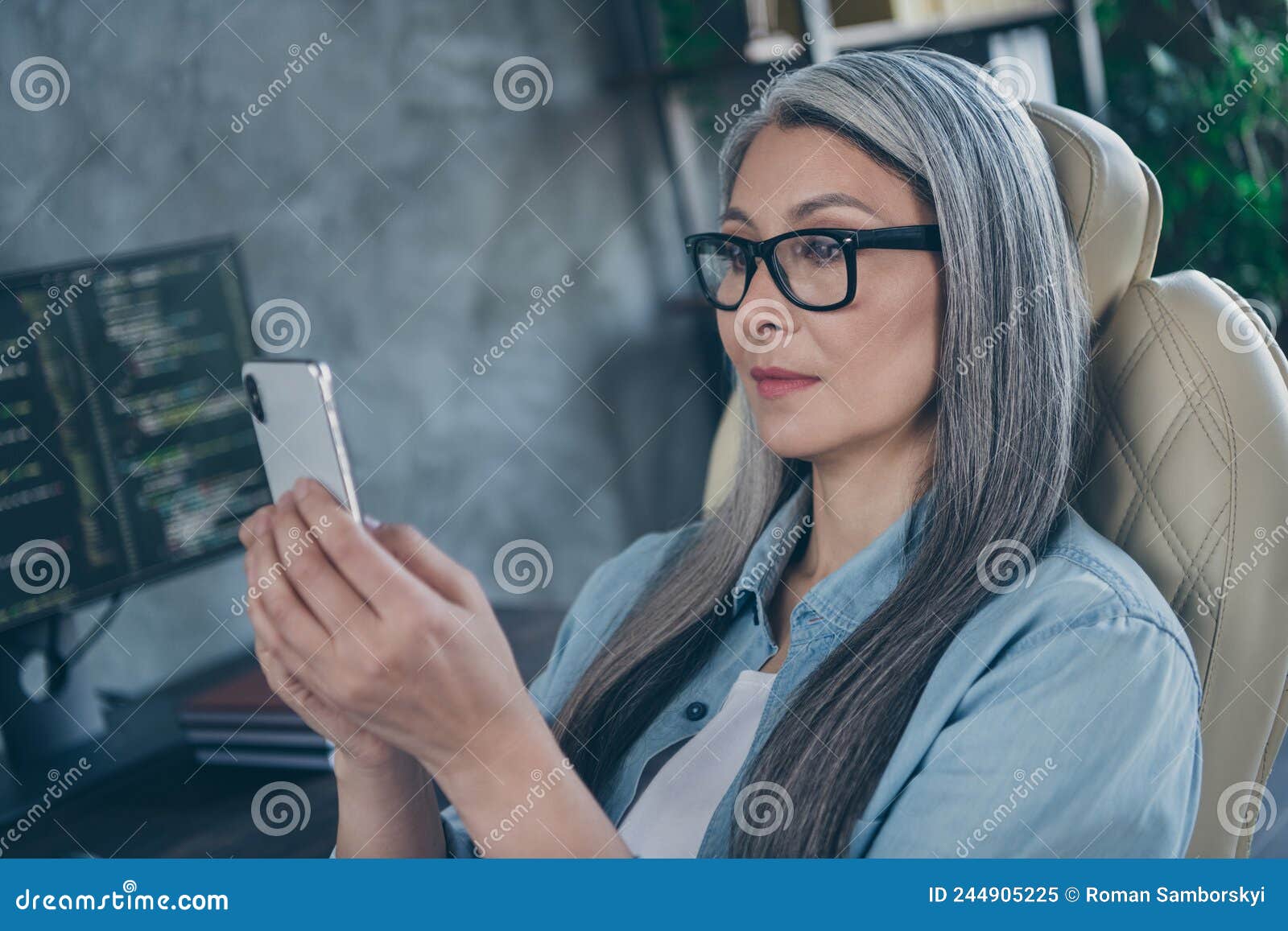 Portrait of Attractive Smart Clever Focused Grey-haired Woman Coder ...