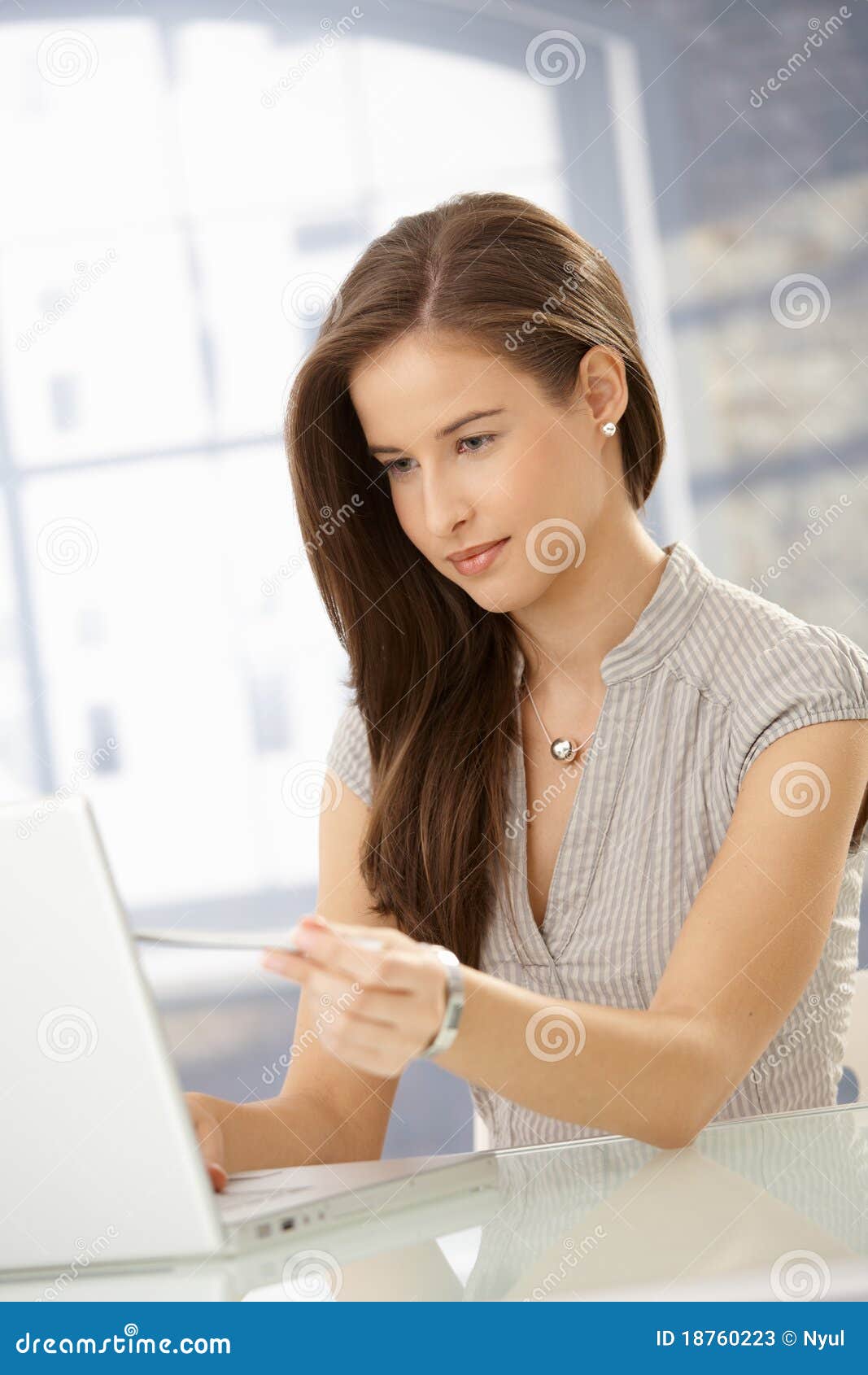 Portrait of Attractive Woman with Computer Stock Image - Image of alone ...
