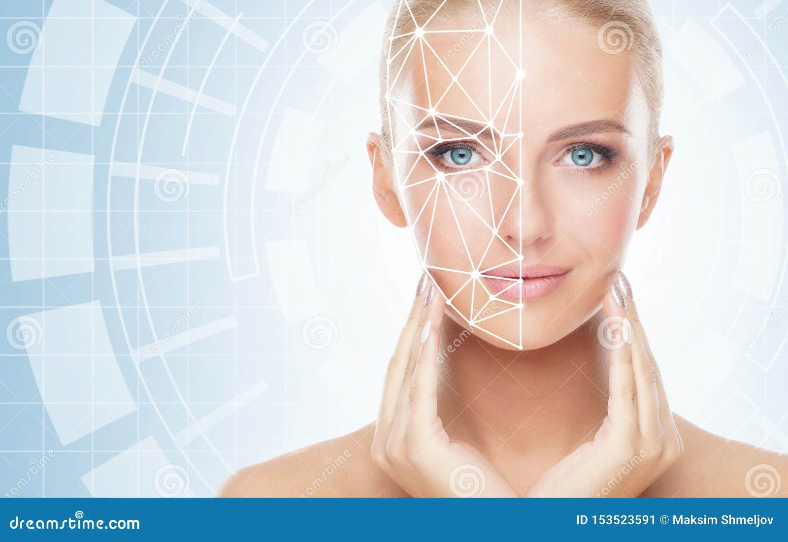 Portrait Of Attractive Woman With A Scanning Grid On Her Face Face Id