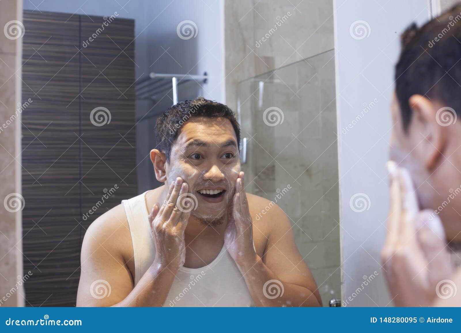 Man Wash His Face In Bathroom Stock Image Image Of Male Asian 148280095
