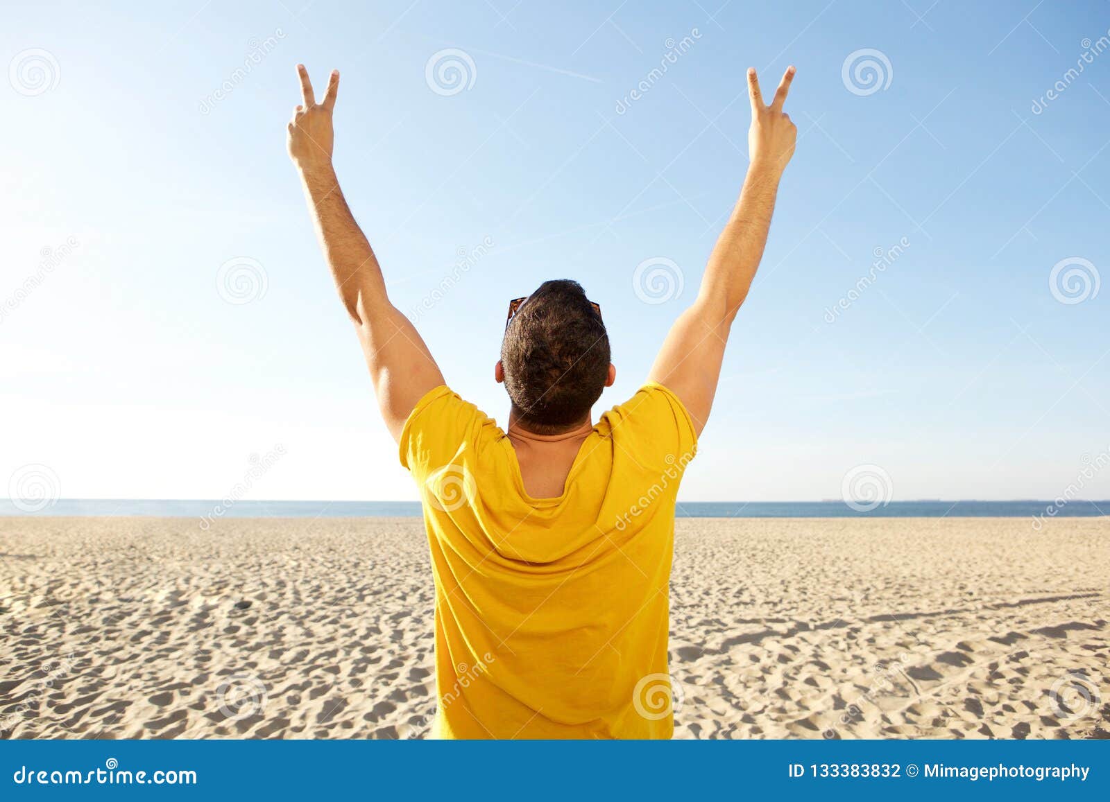 Back of Man Cheering with Hands Raised at the Beach Stock Photo - Image ...