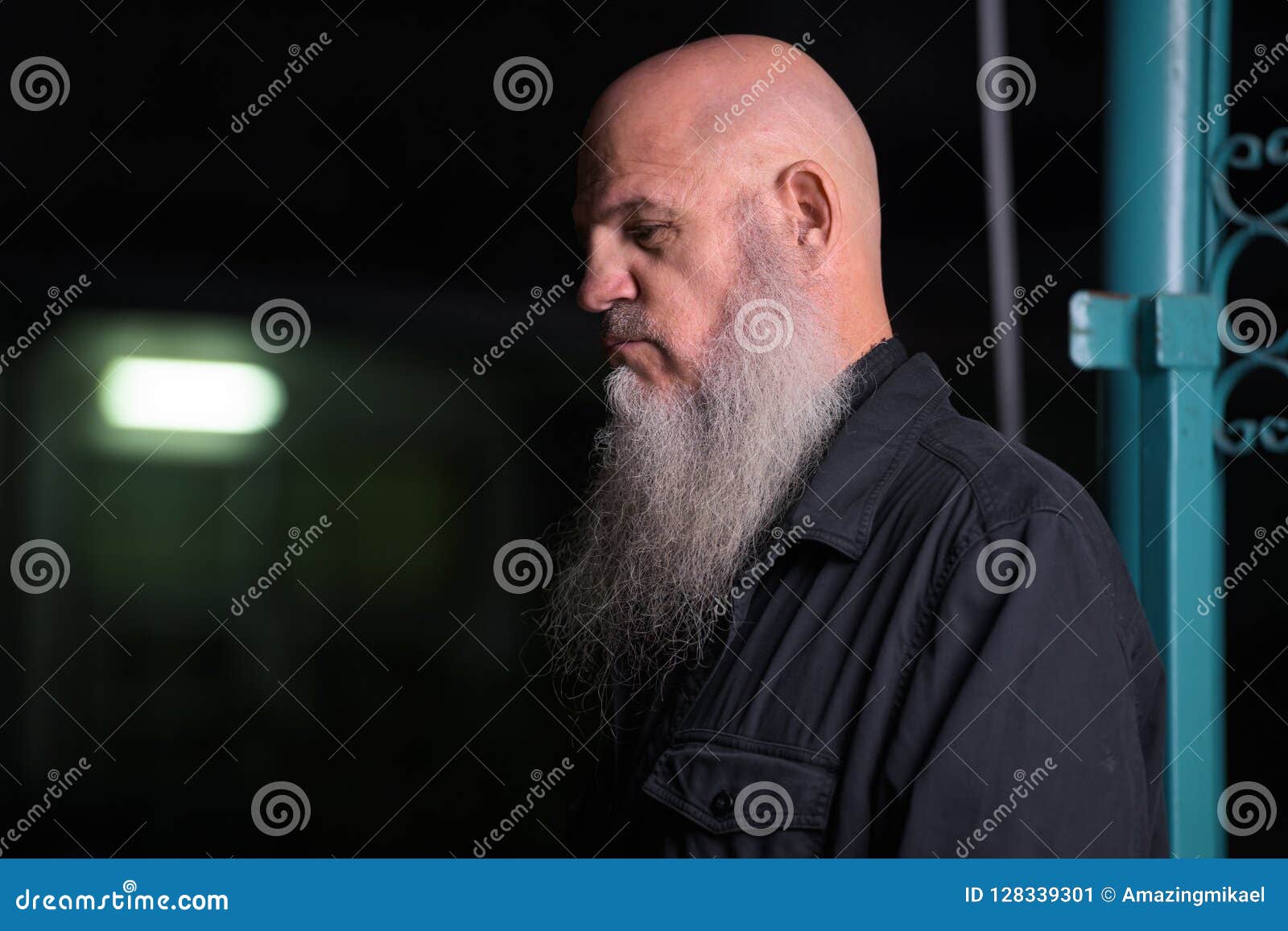 Portrait of Bald Man with Gray Beard Outdoors at Night Stock Image ...