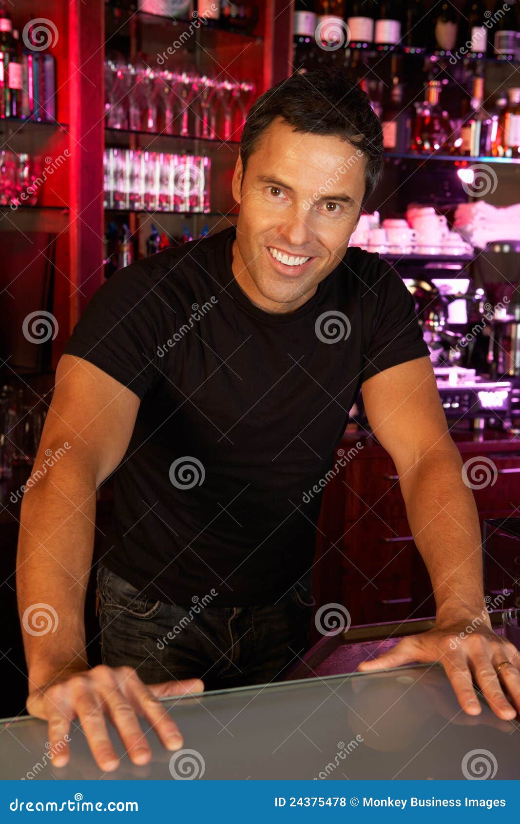 Portrait of Barman Standing Behind Bar Stock Photo - Image of person ...