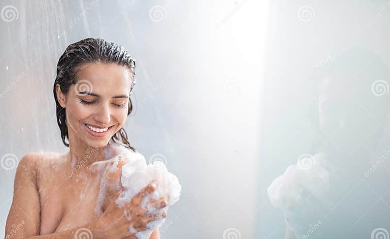 Happy Girl Taking Shower With Gel Stock Image Image Of Girl Hand