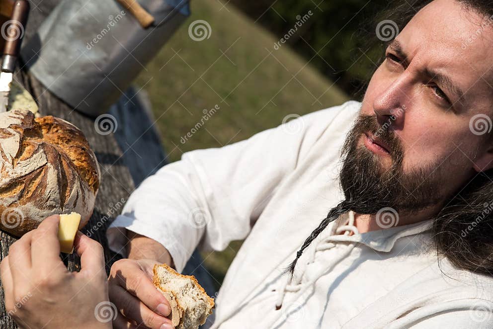 Portrait of a Bearded Man with Cheese and Bread Stock Image - Image of ...