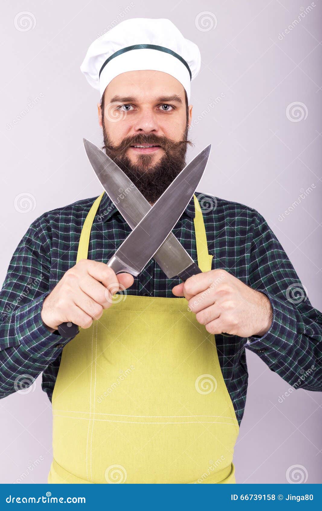 Portrait of a Bearded Man Holding Two Big Sharp Knives Stock Photo ...