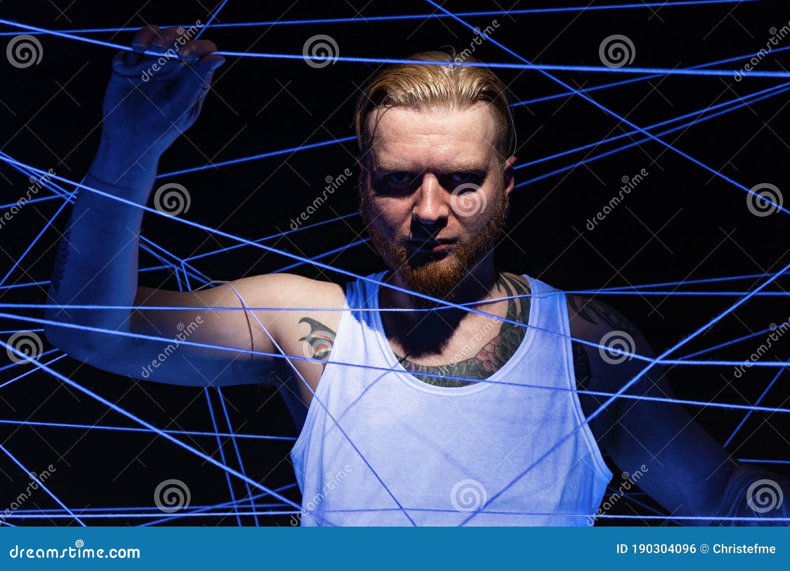 Portrait of Bearded Man Tangled in White Threads in Ultraviolet Stock ...
