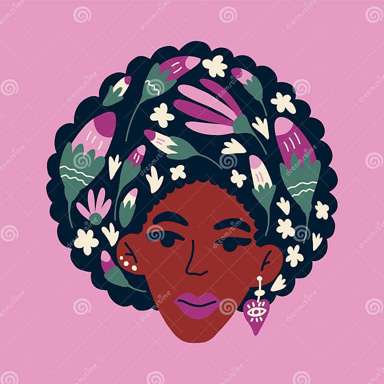 Portrait Beautiful African American Woman With Curly Hair And Flowers