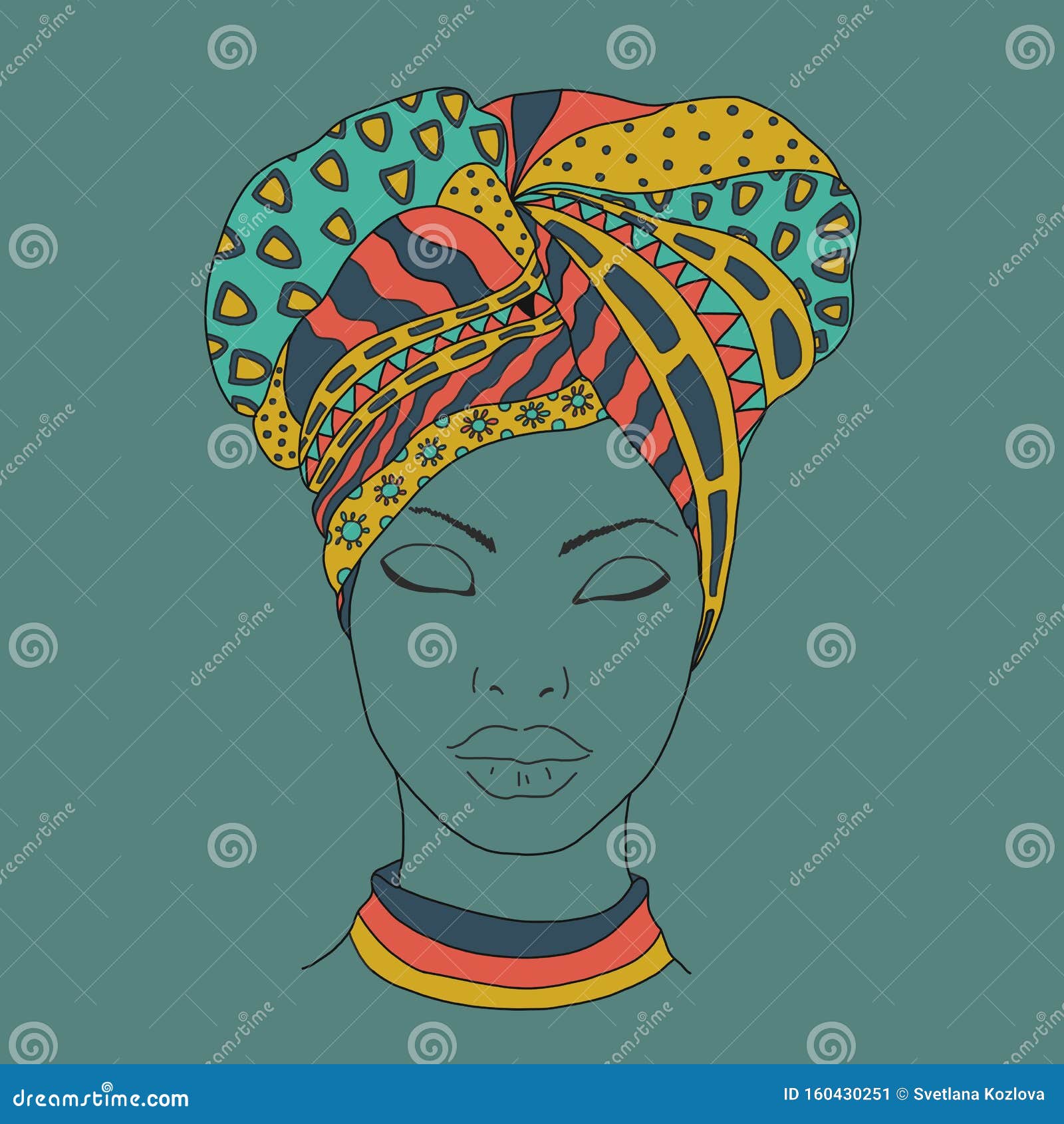 Portrait Of Beautiful African American Woman In Turban Hand Drawn