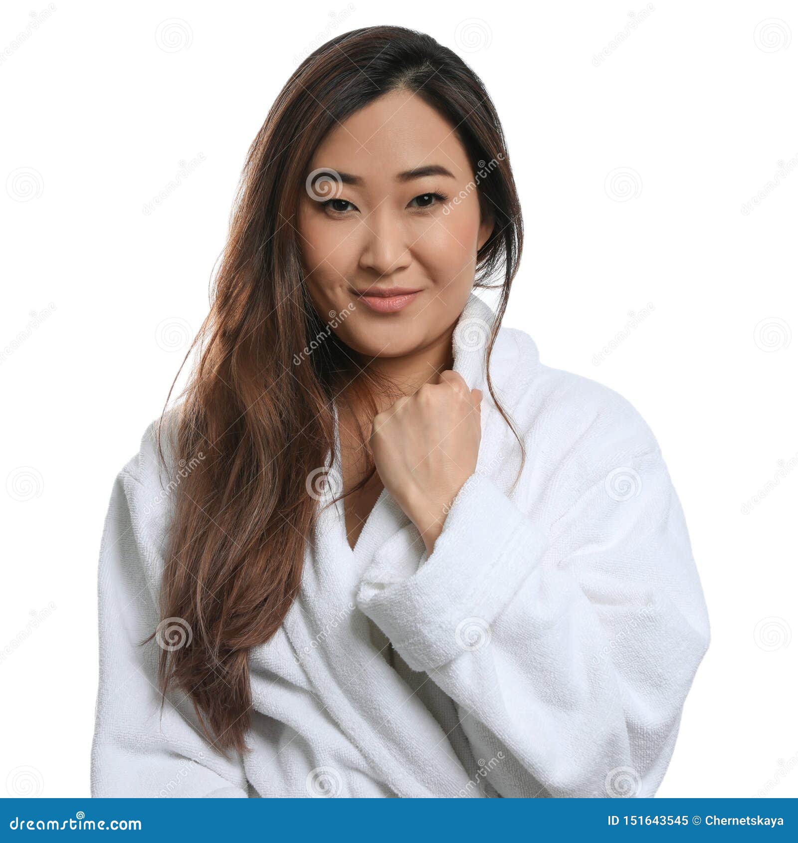 Portrait Of Beautiful Asian Woman In Bathrobe Isolated On White Stock