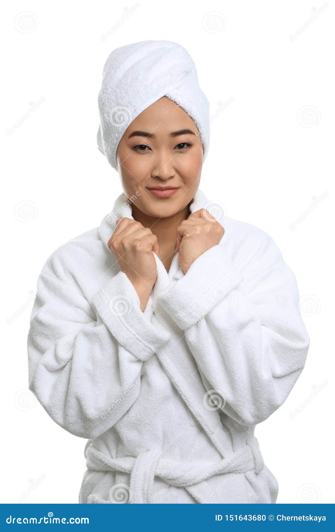 Portrait Of Beautiful Asian Woman In Bathrobe Isolated On White Stock
