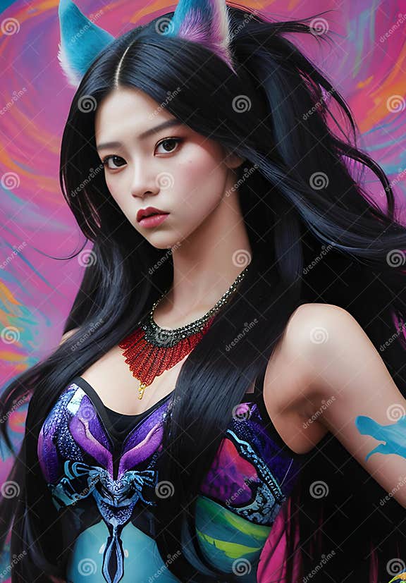 Portrait Of A Beautiful Asian Woman With Long Black Hair And Bright