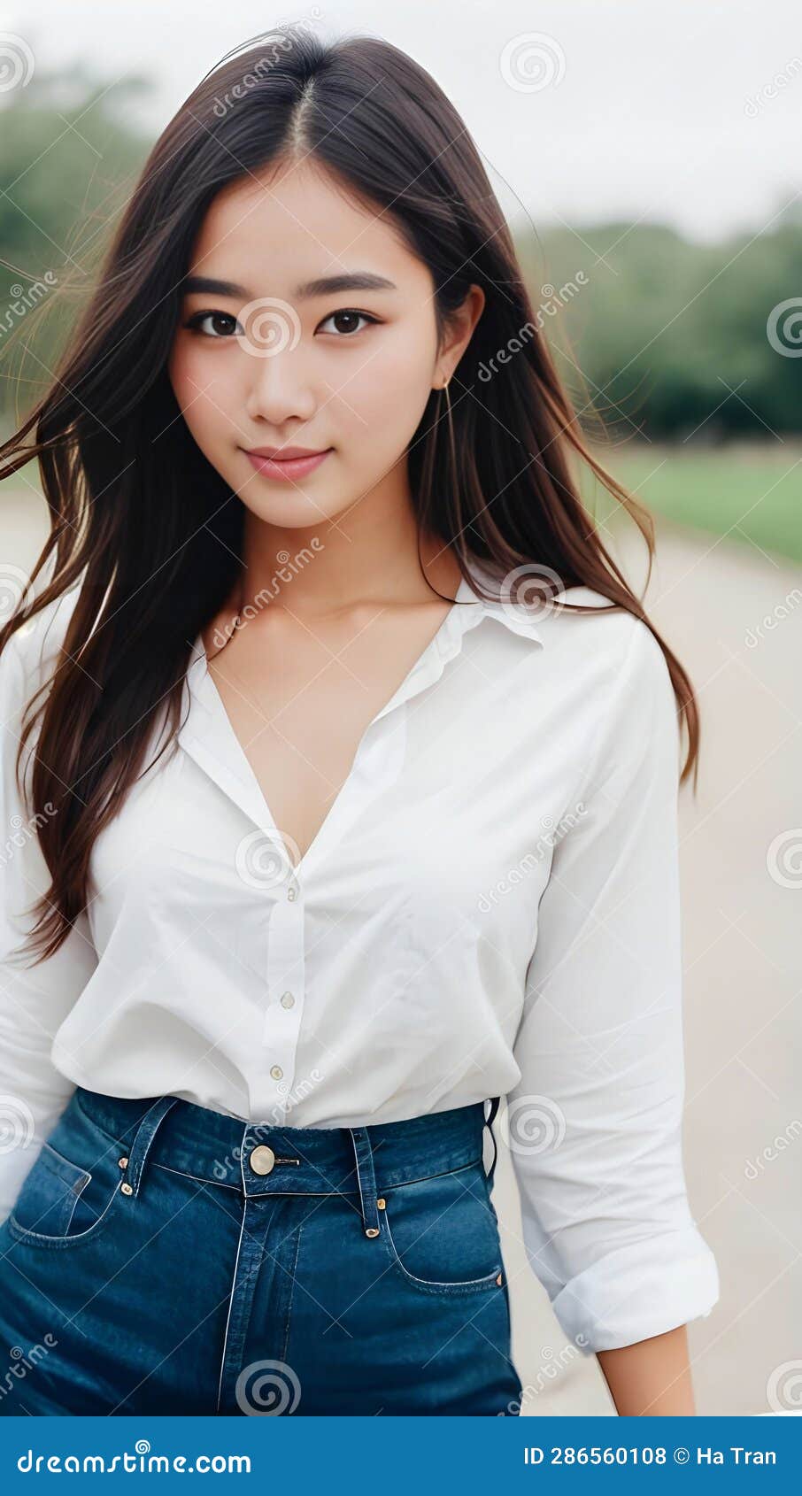 Portrait Of A Beautiful Asian Woman In White Shirt And Blue Jeans Stock