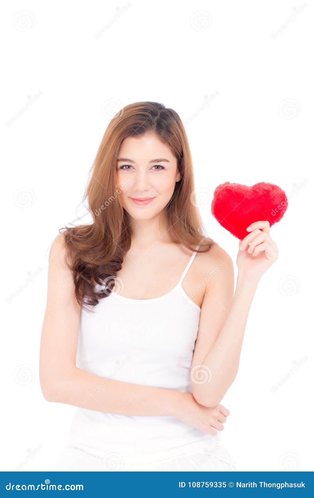 Portrait Of Beautiful Asian Young Woman Holding Red Heart Shape Stock