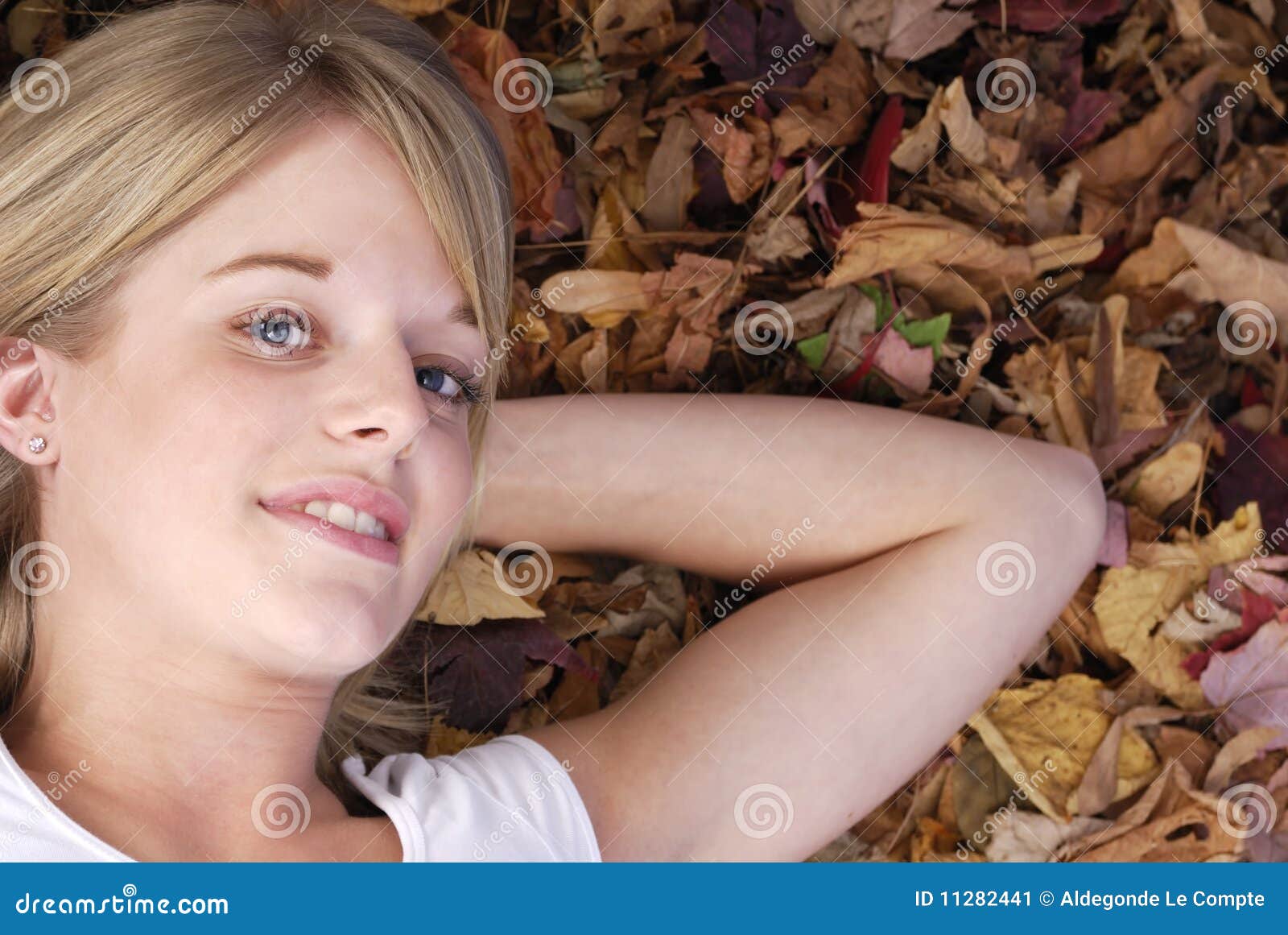 Portrait Of Beautiful Blonde Lying In Autumn Leave Stock Image Image