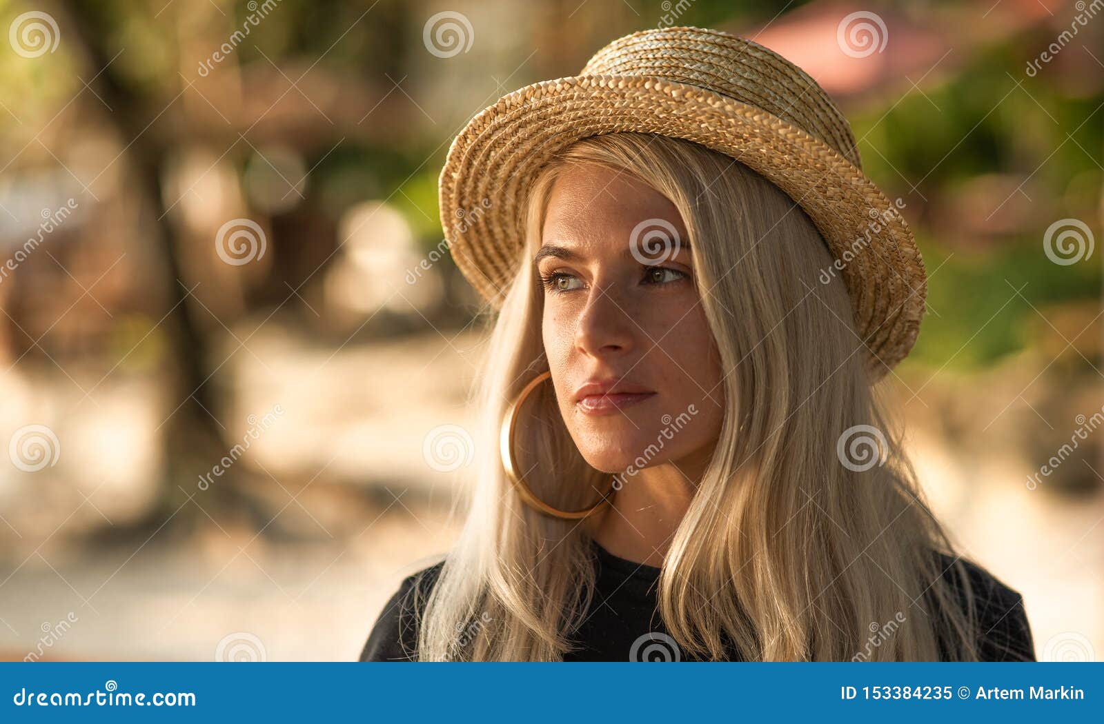 Portrait Of A Beautiful Blonde Wearing A Straw Hat Modern Woman Stock