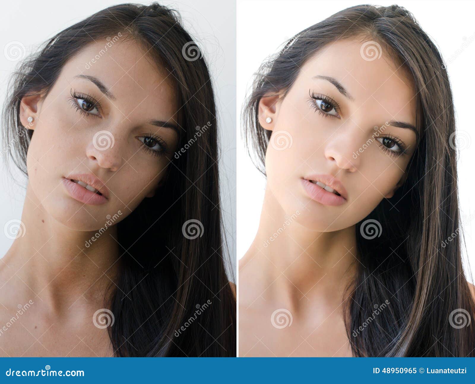 Portrait Of A Beautiful Brunette Girl Before And After Retouching With