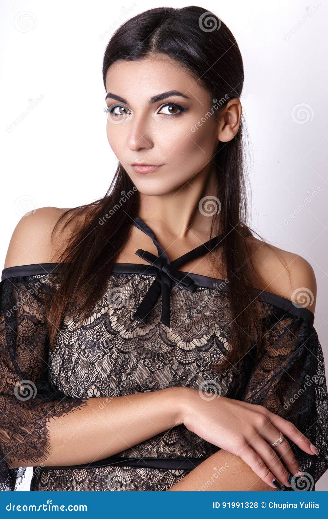 Portrait Of Beautiful Brunette Woman In Black Dress Fashion Photo Shot