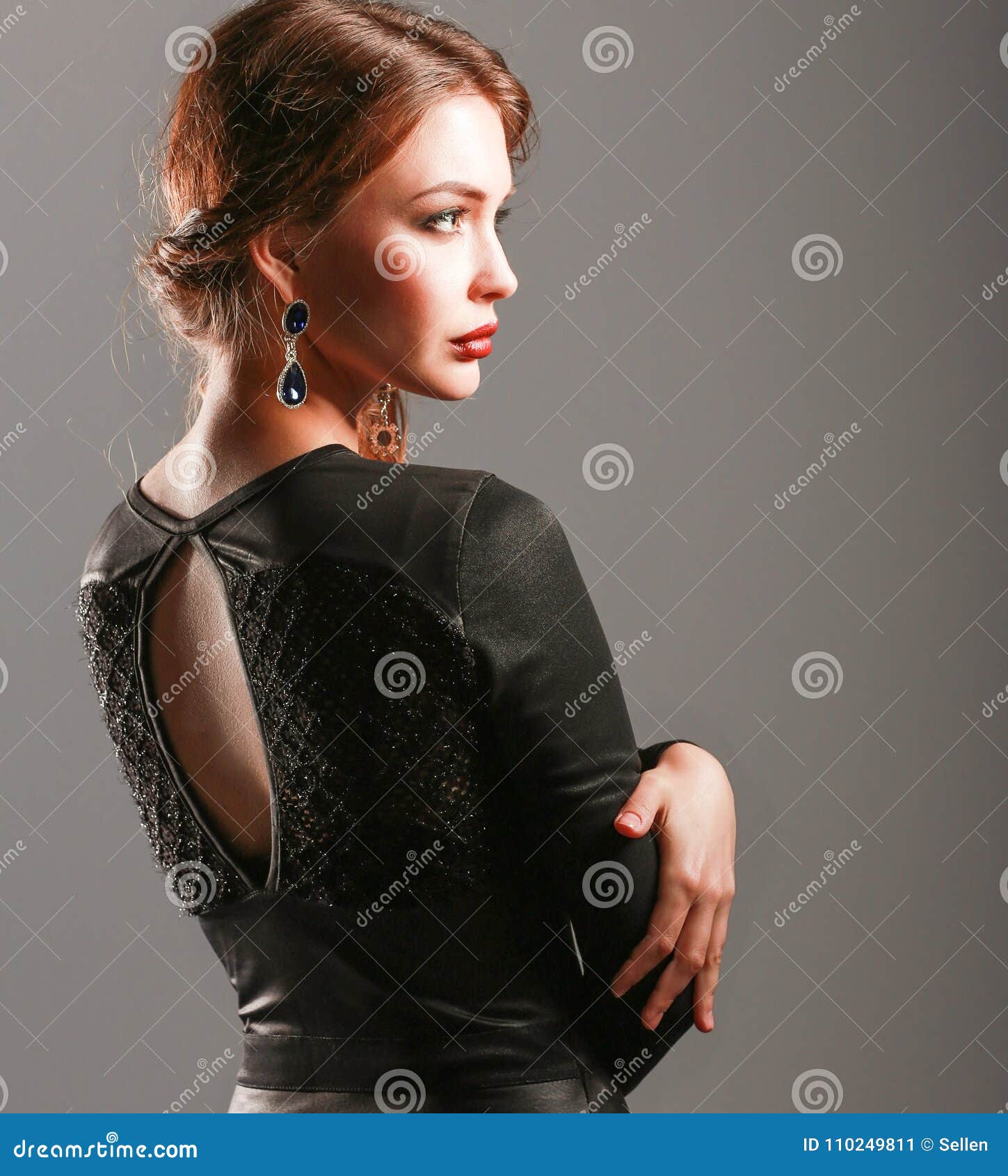 Portrait Of Beautiful Brunette Woman In Black Dress Stock Image Image