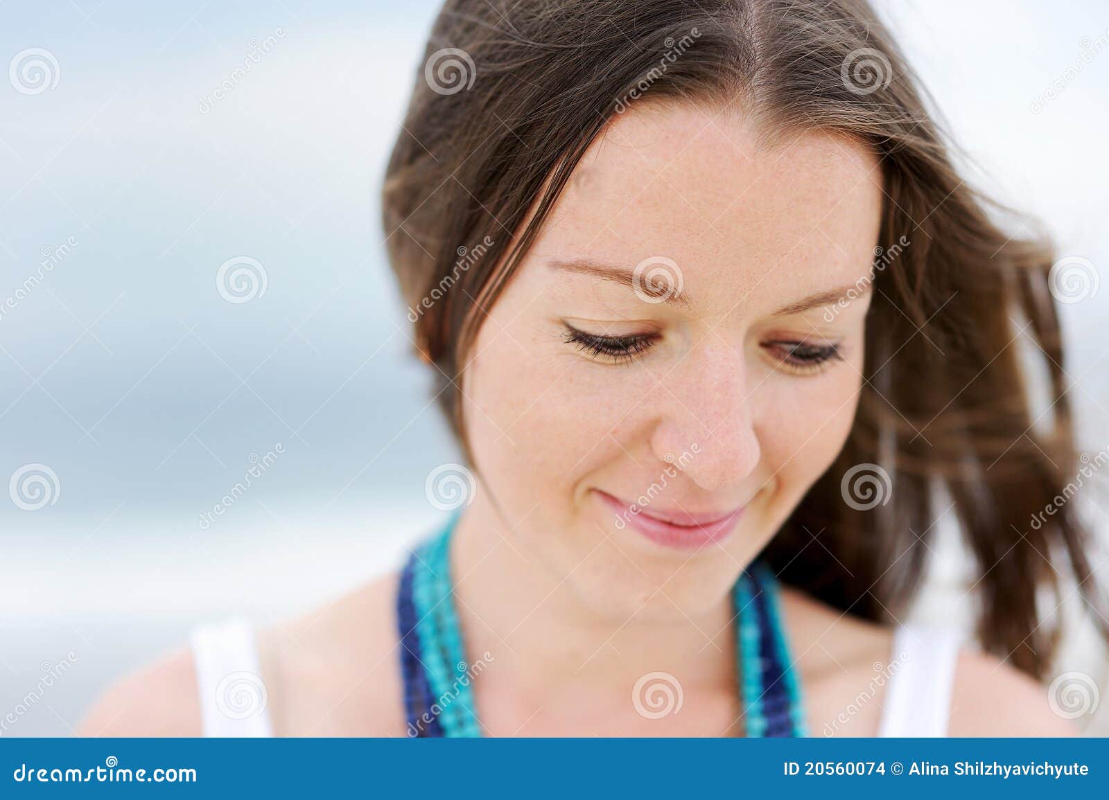 Portrait of Beautiful Brunette Woman Looking Down Stock Photo - Image ...
