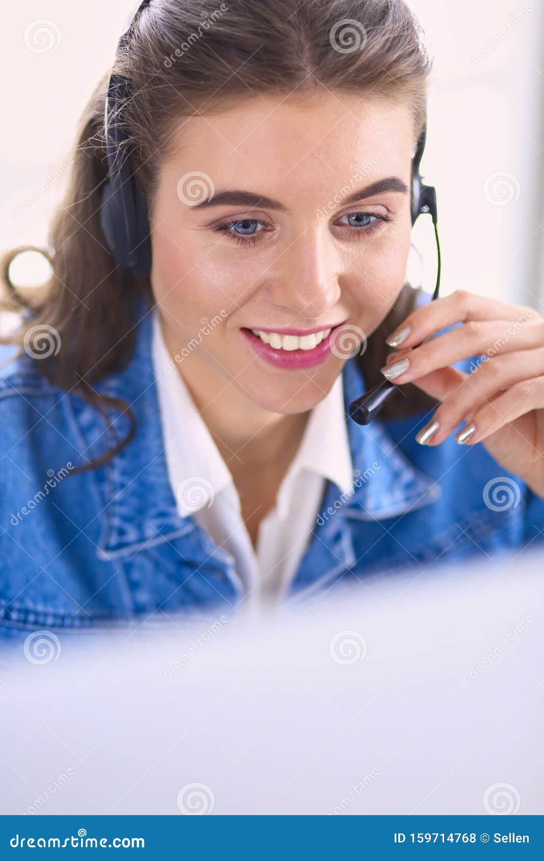Portrait of Beautiful Business Woman Working at Her Desk with Headset ... Portrait of Beautiful Business Woman Working at Her Desk with Headset ...