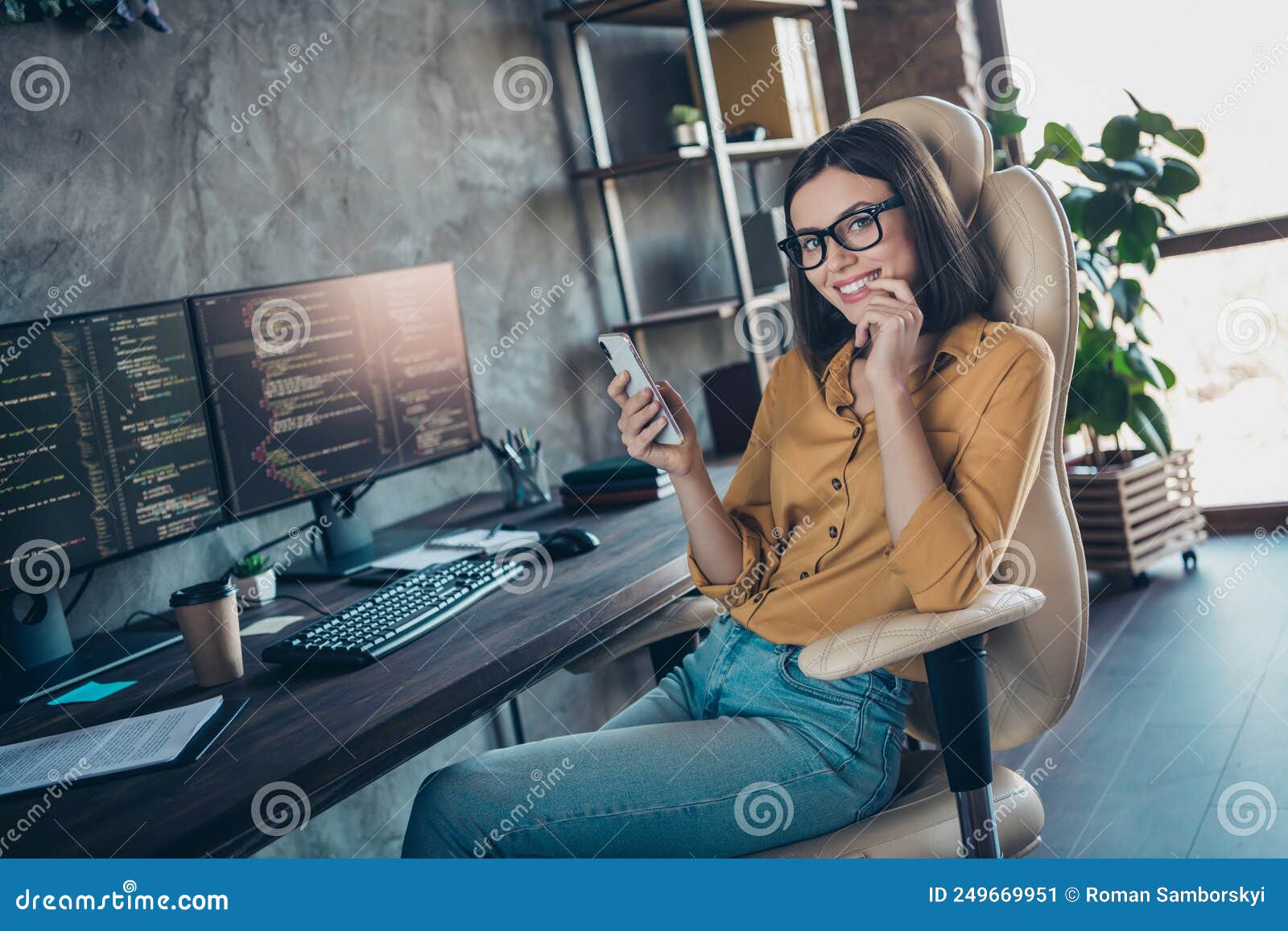 Portrait of Beautiful Cheerful Skilled Girl Geek Nerd Using Device App ...