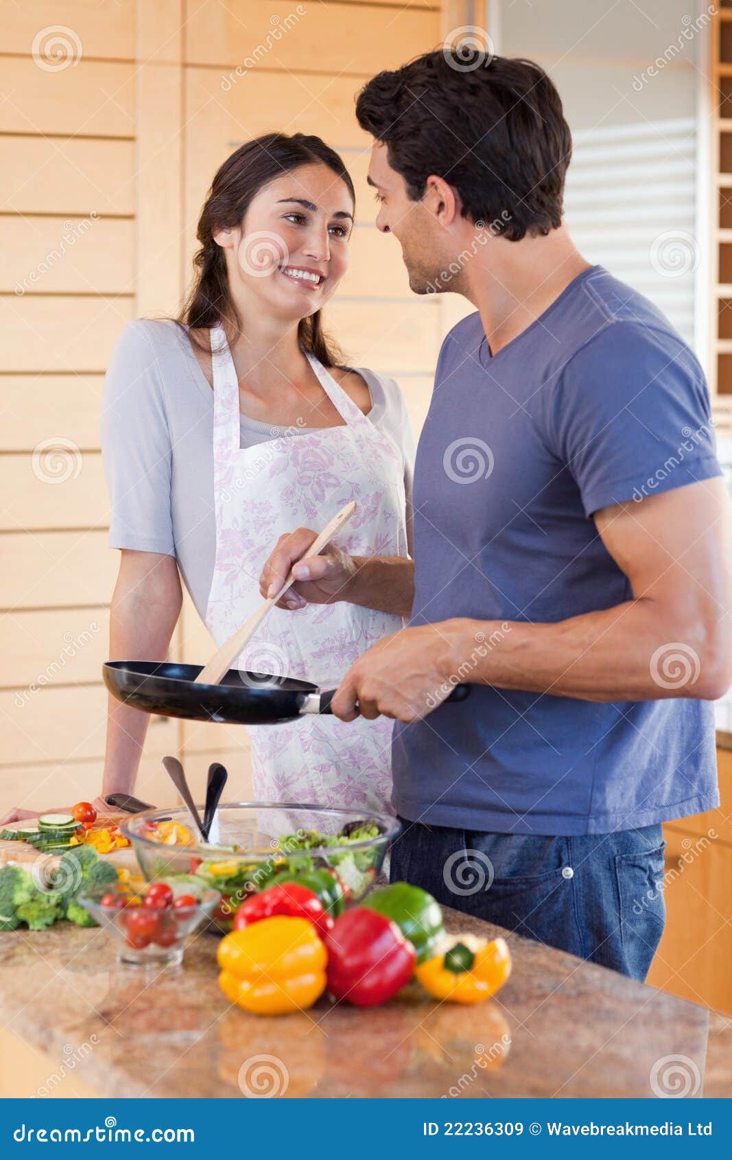 Portrait of a Beautiful Couple Cooking with a Pan Stock Image - Image ...