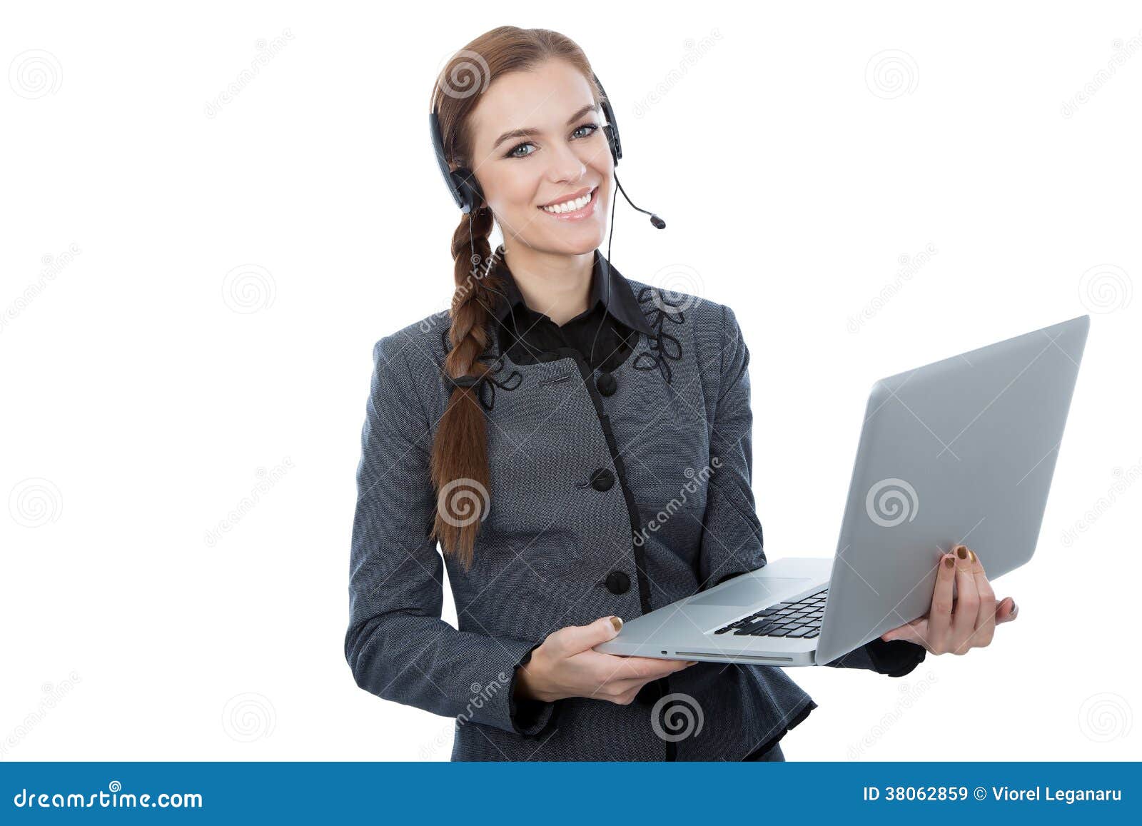 Portrait of a Beautiful Customer Service Worker Holding a Laptop. White ...