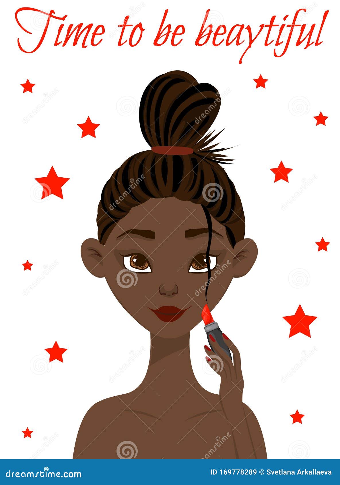 Portrait Of A Beautiful Dark Skinned Girl With Make Up Cartoon Style