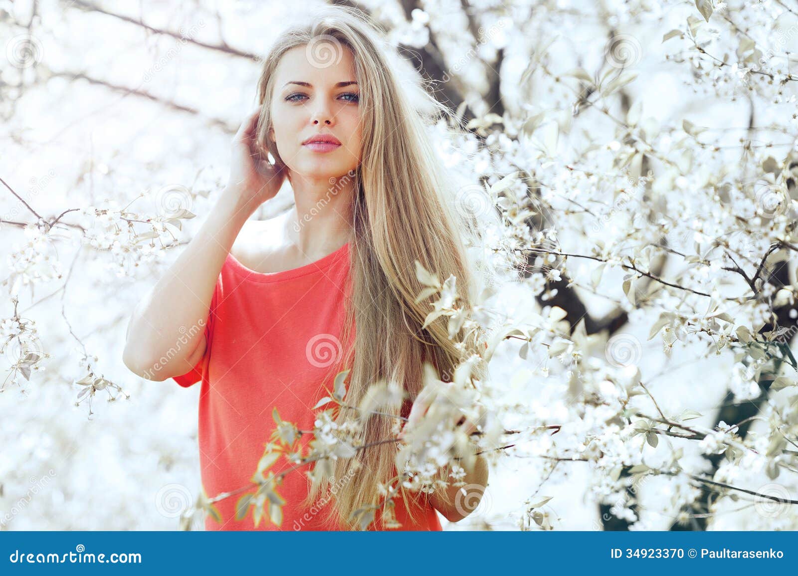Portrait of a Beautiful Girl in Blooming Spring Tree Stock Photo ...