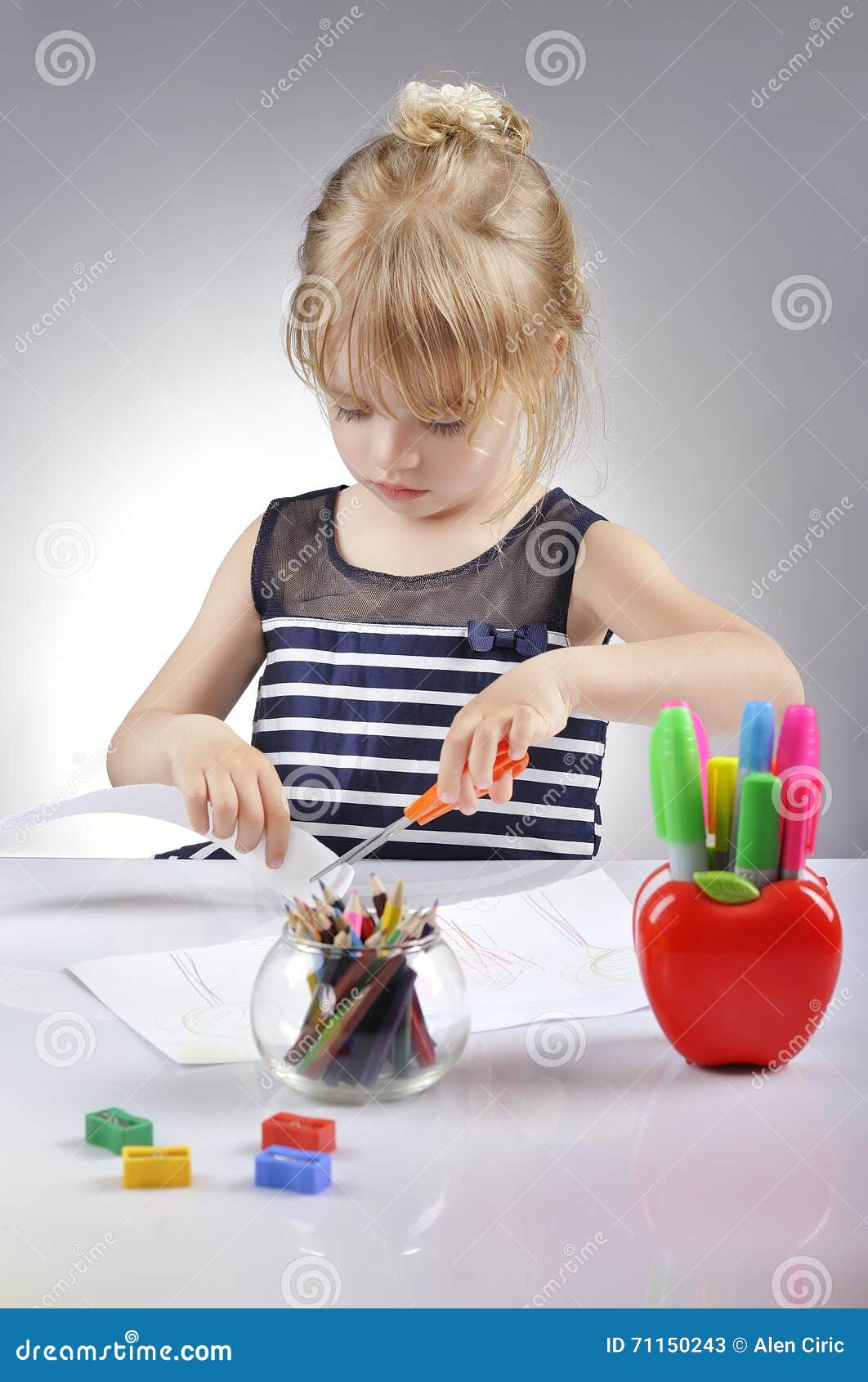 Portrait of Beautiful Girl Cutting Paper with Scissors. Stock Image ...