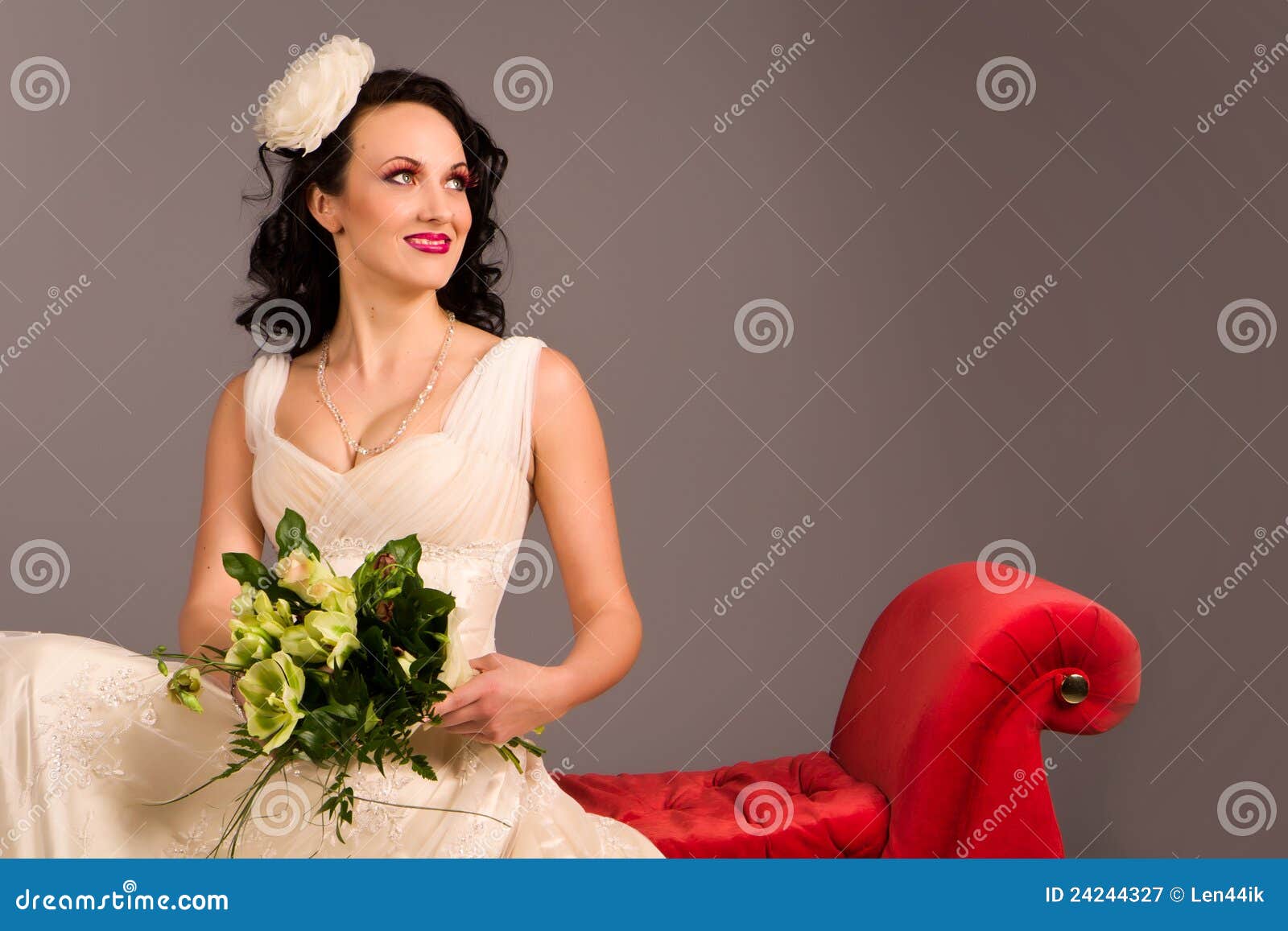 Portrait of a Beautiful Happy Bride on Red Sofa Stock Image - Image of ...