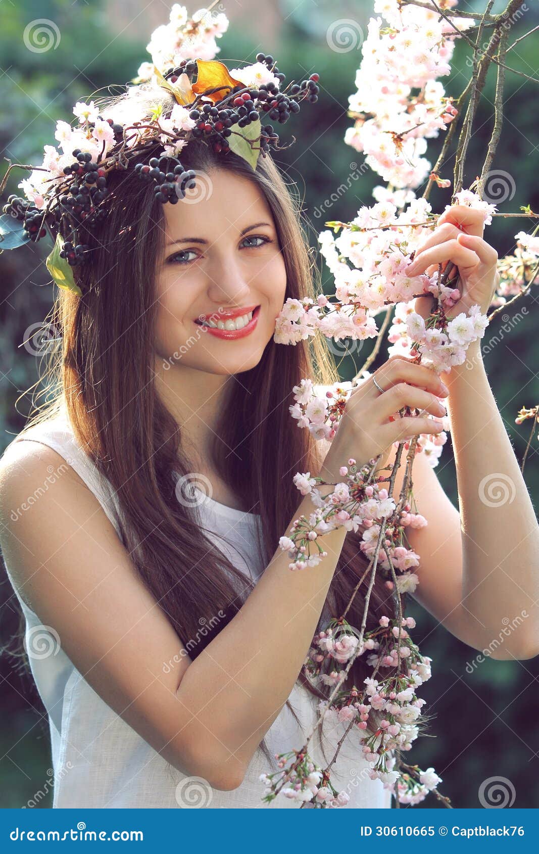 Portrait of a Beautiful Nymph among Cherry Flowers Stock Image - Image ...