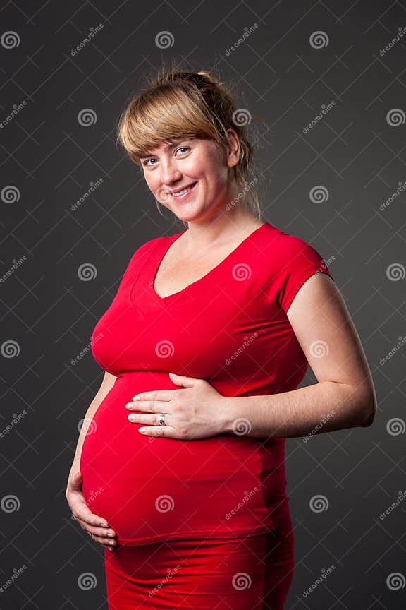 Portrait Of Beautiful Pregnant Woman In Red Dress Stock Image Image