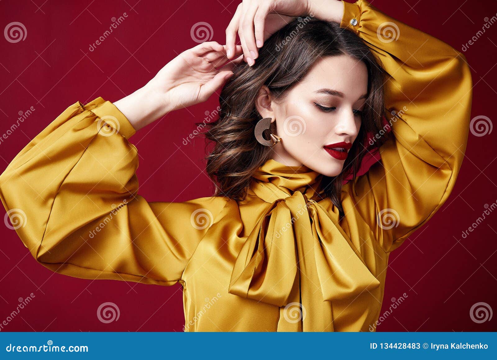 Portrait Beautiful Pretty Woman Red Lipstick Jewelry Earrings Brunette