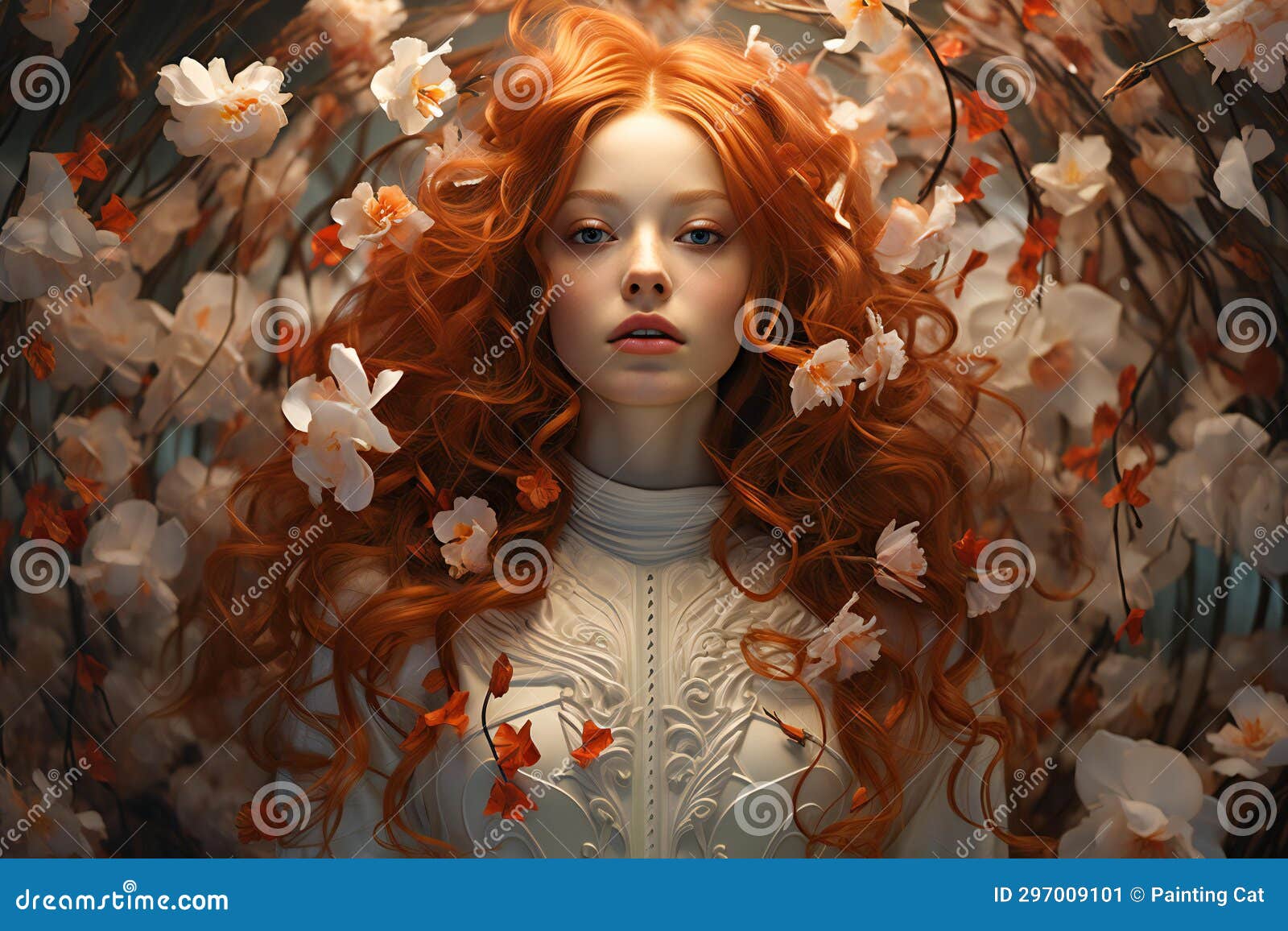Portrait Of A Beautiful Red Haired Girl With Long Hair And Butterflies