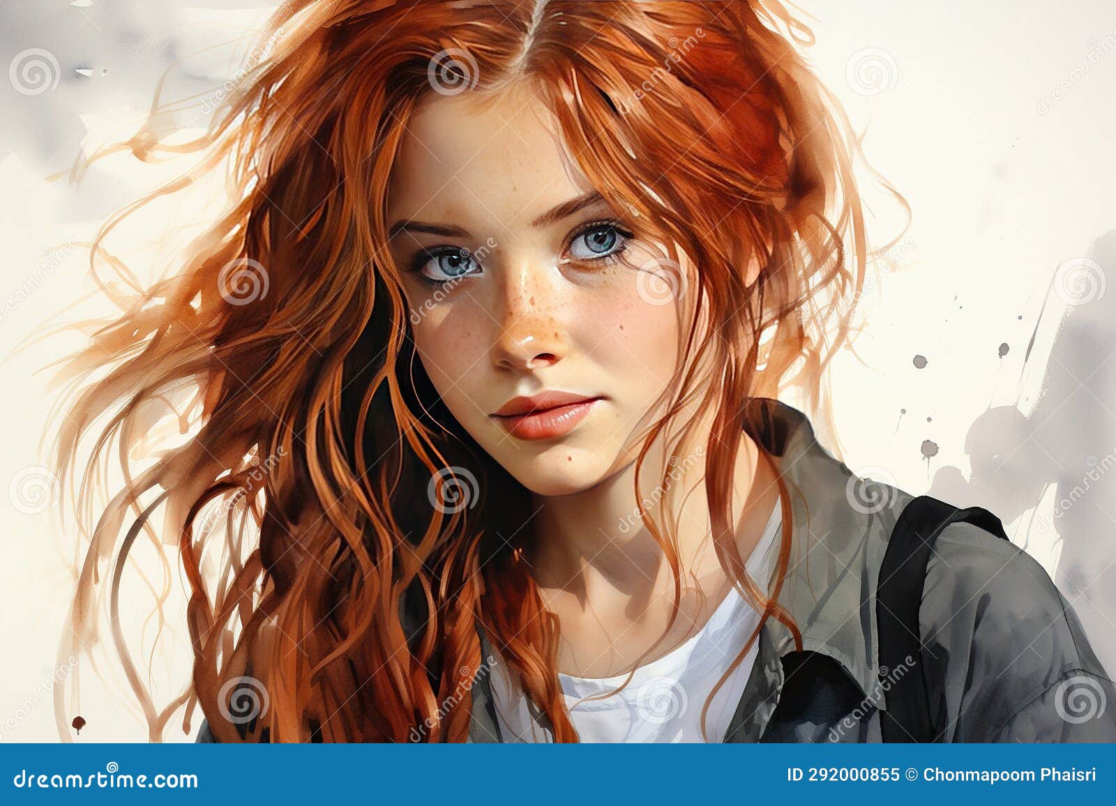Portrait Of A Beautiful Red Haired Girl With Long Hair Generative Ai