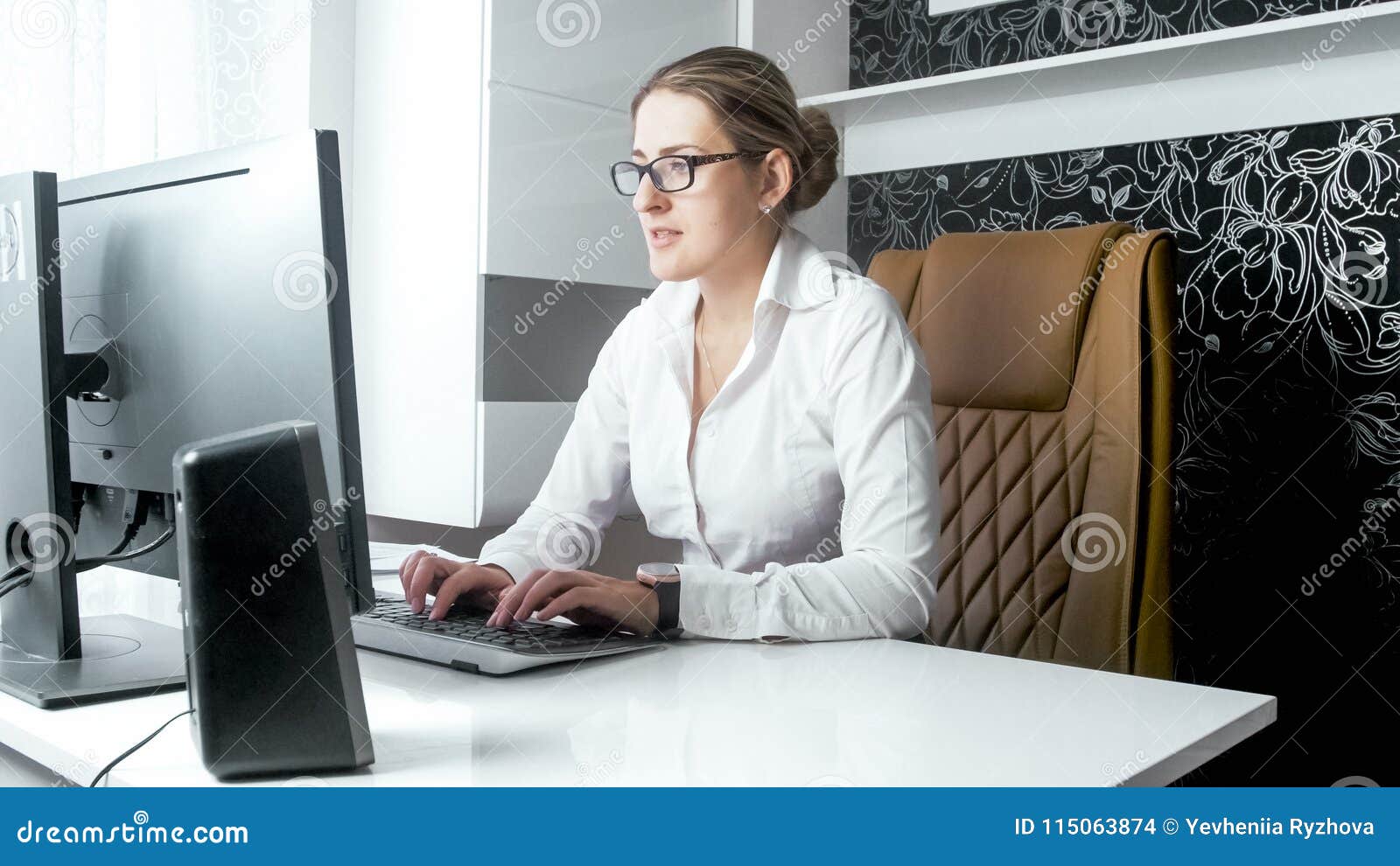 Portrait of Beautiful Secretary Working on Computer Stock Photo - Image ...