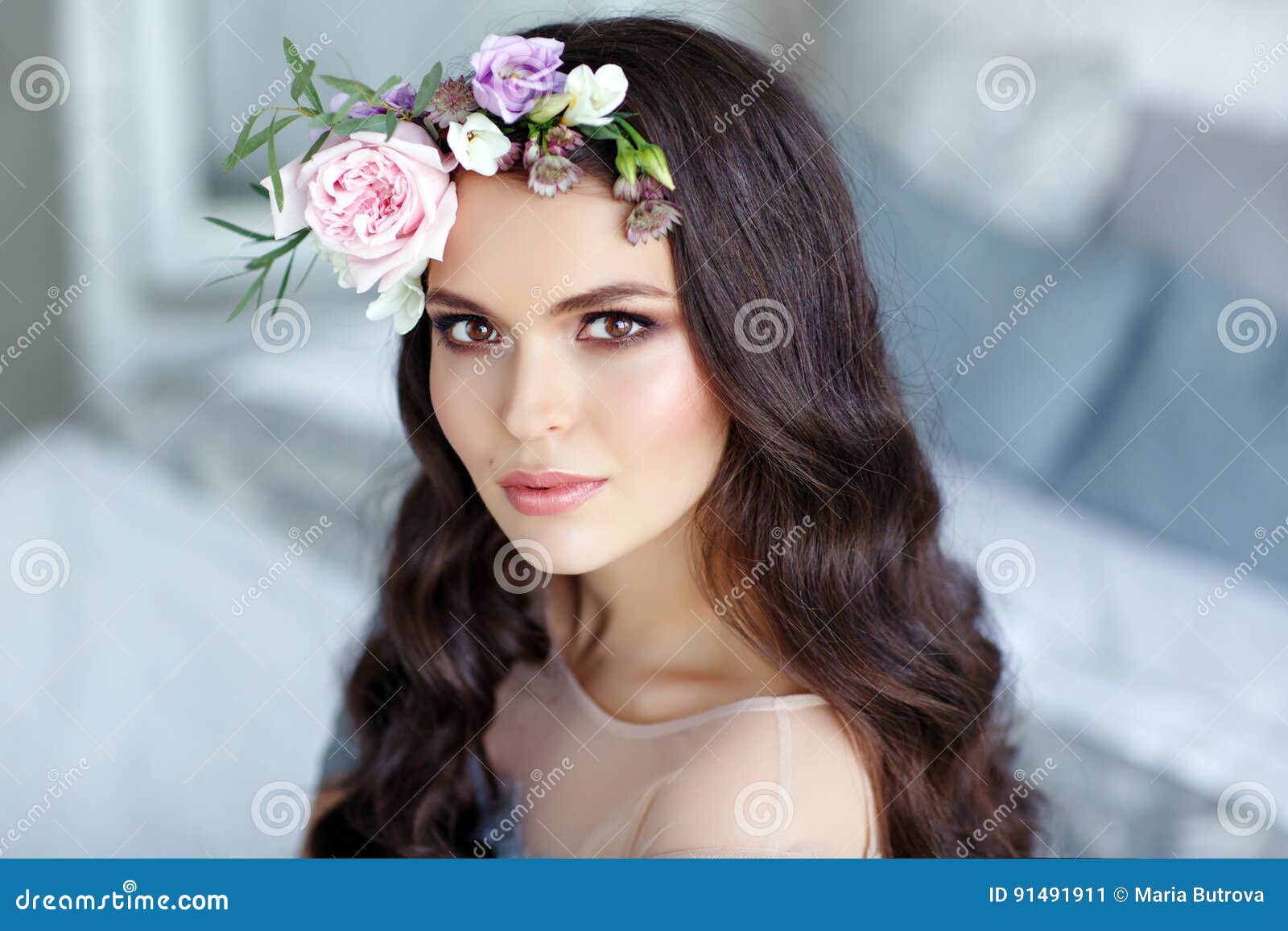 Portrait Of A Beautiful Brunette Girl With Brown Eyes In A Stock Image