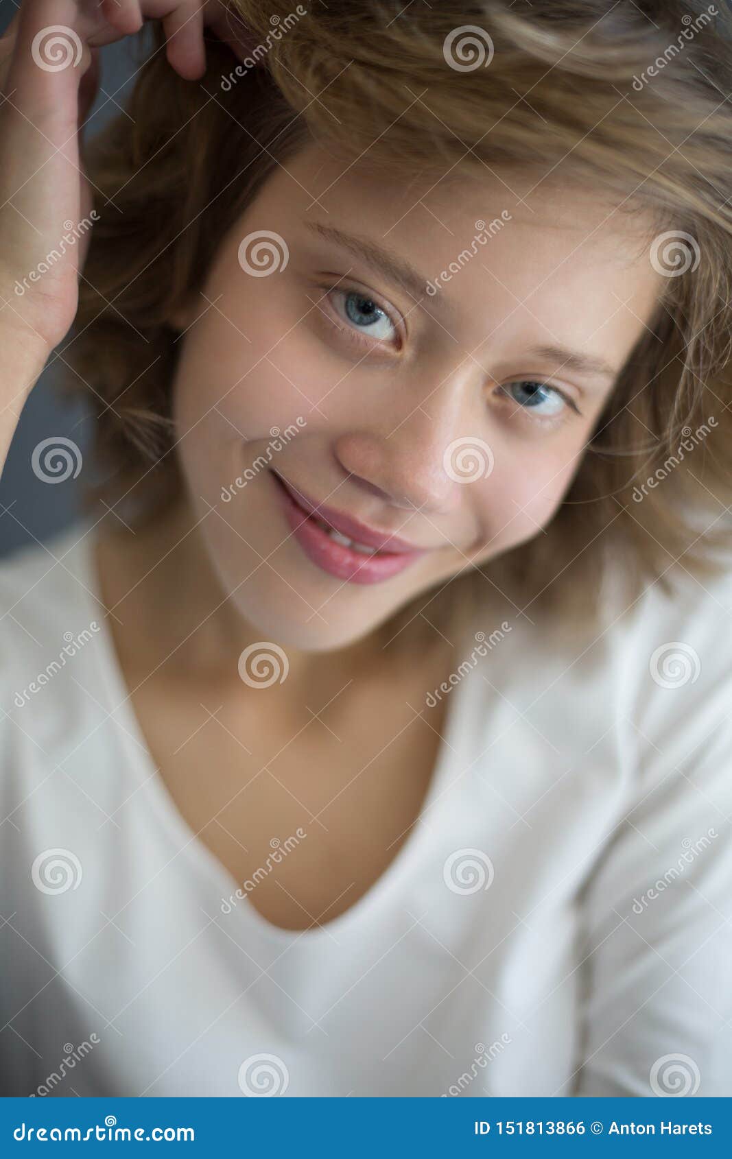 Portrait of Beautiful Smiling Lady Dreamily Looking in Camera Stock ...