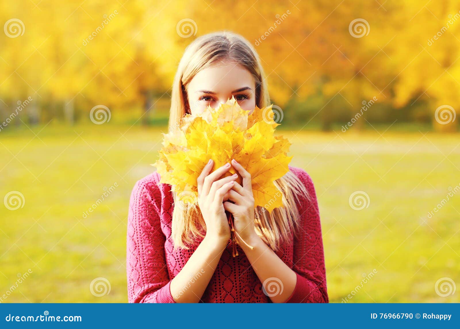 Portrait Beautiful Smiling Woman Hides Her Face Yellow Maple Leafs In