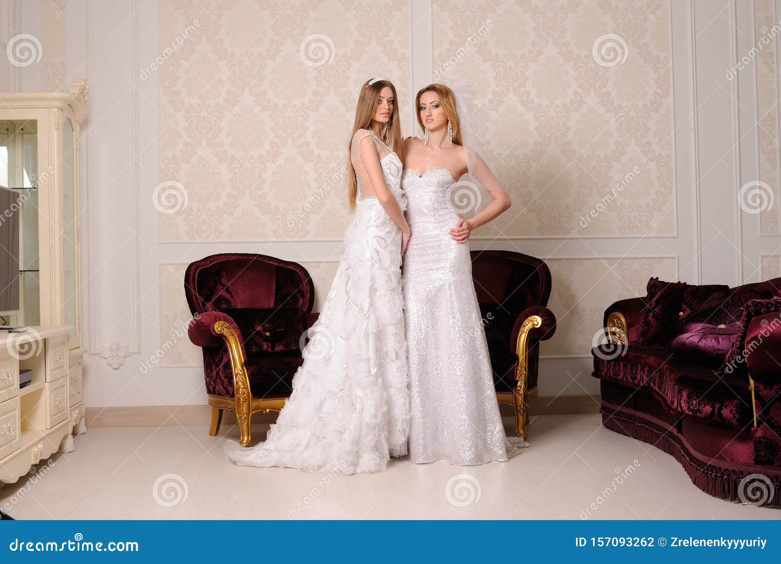 Portrait of Beautiful Two Brides Stock Photo - Image of desire, makeup ...