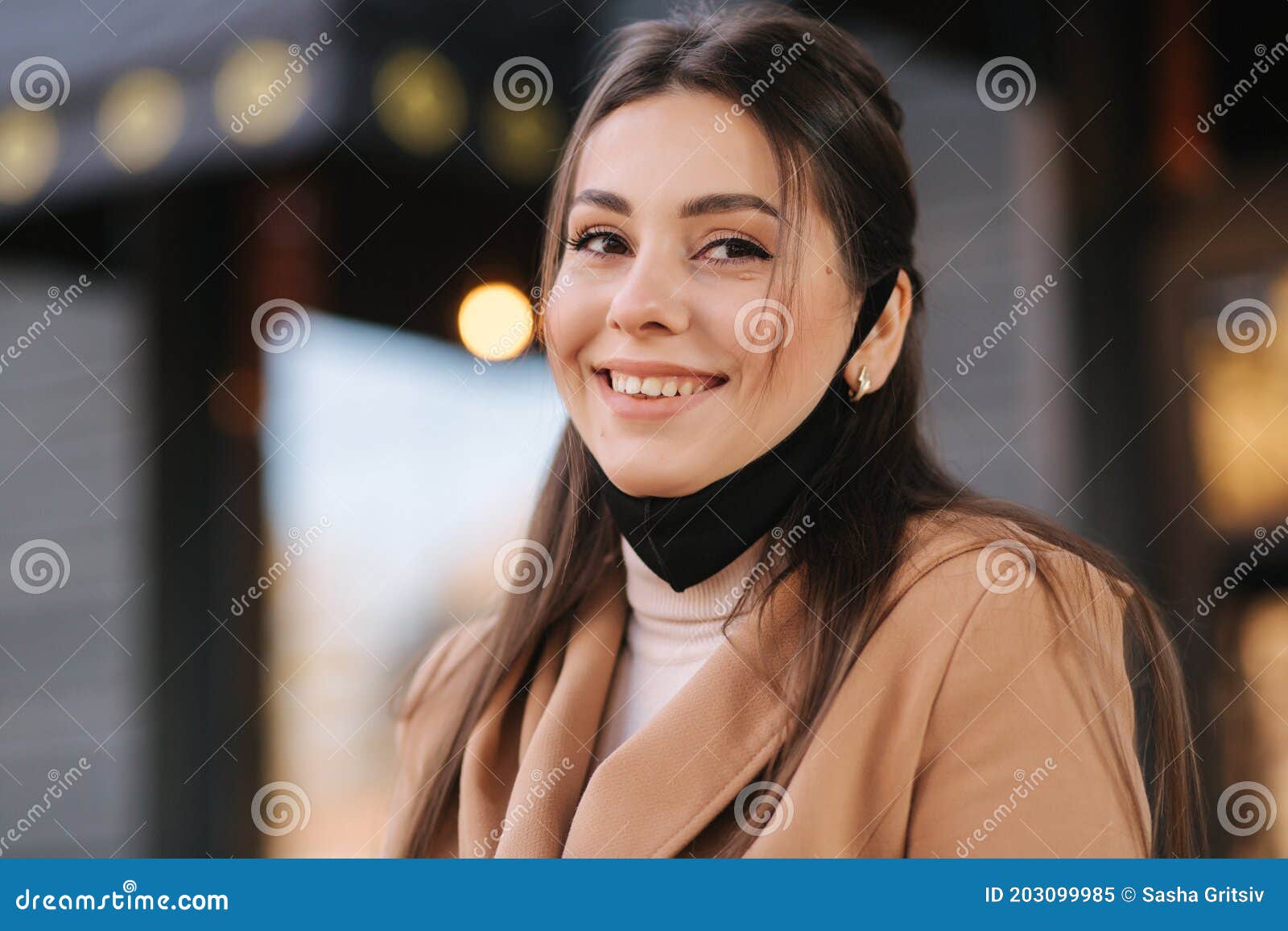 Portrait of Beautiful Woman with Black Protective Mask on Chin. Woman ...