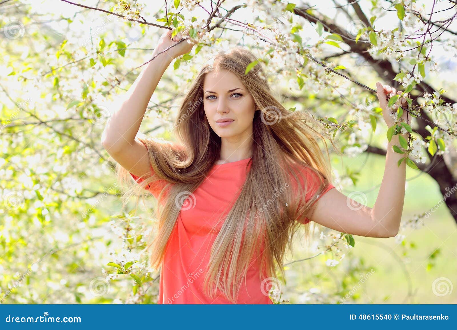 Portrait of Beautiful Woman in Blooming Tree in Spring Stock Photo ...