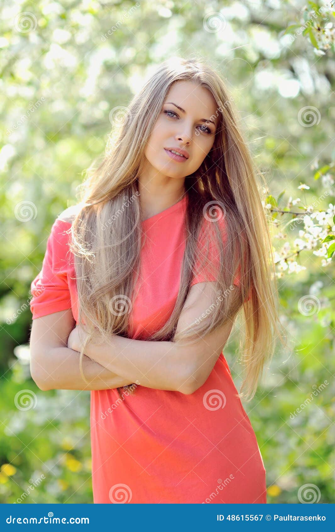Portrait of Beautiful Woman in Blooming Tree in Spring Stock Image ...