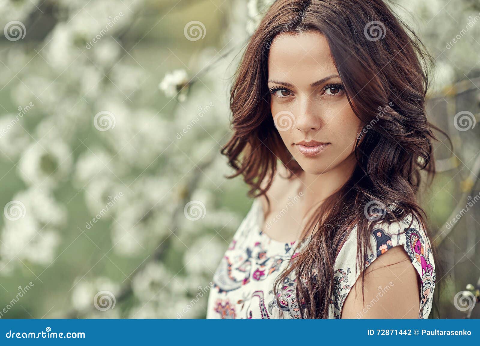 Portrait of Beautiful Woman in Blooming Tree in Spring Stock Photo ...
