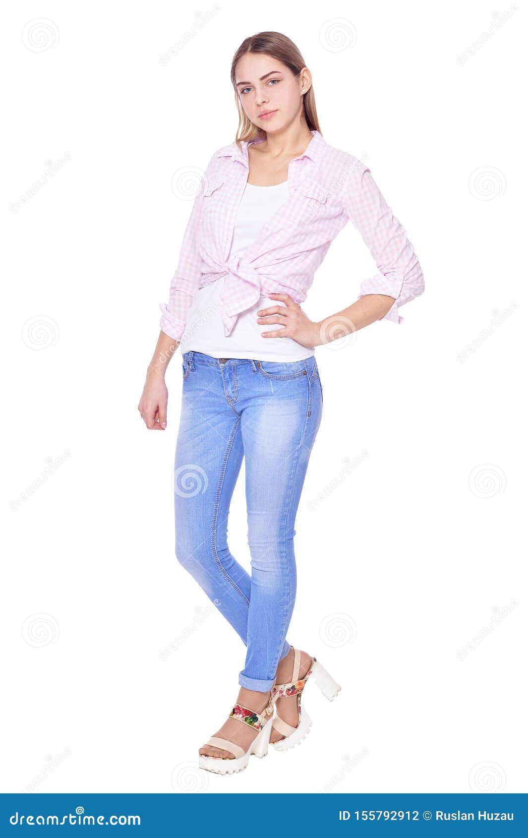 Portrait of Beautiful Woman in Blue Jeans Posing Isolate Stock Photo ...