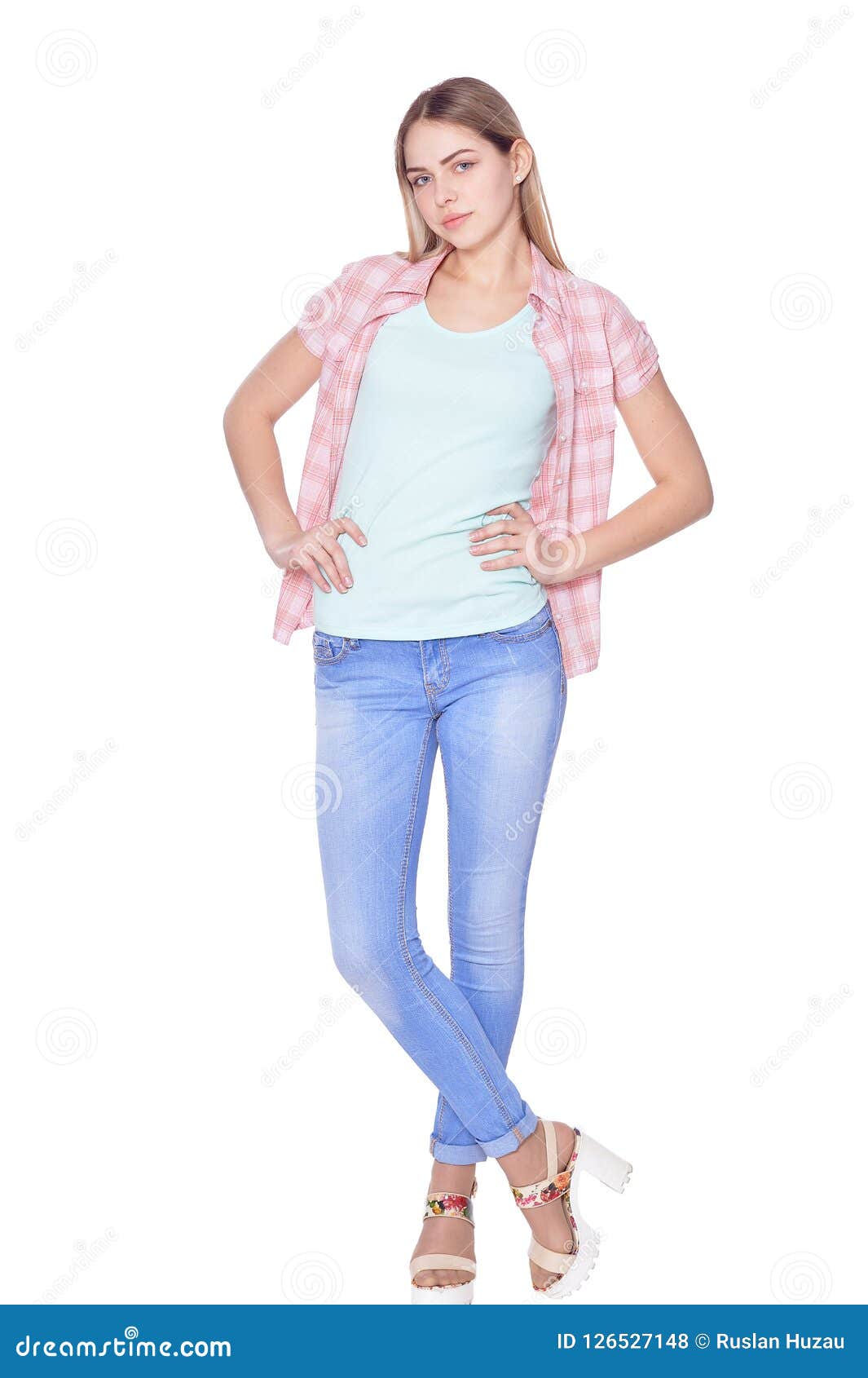 Portrait of Beautiful Woman in Blue Jeans Stock Photo - Image of ...