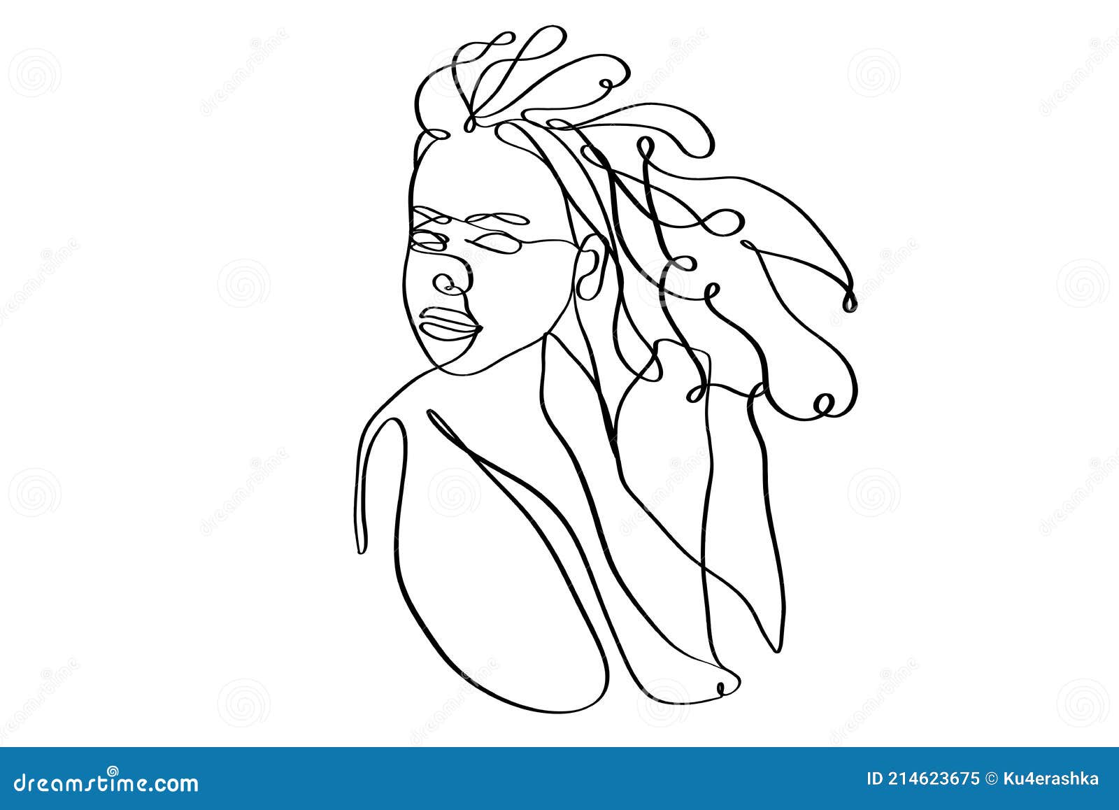 Portrait of a Beautiful Woman in Line Side View. Continuous Line ...