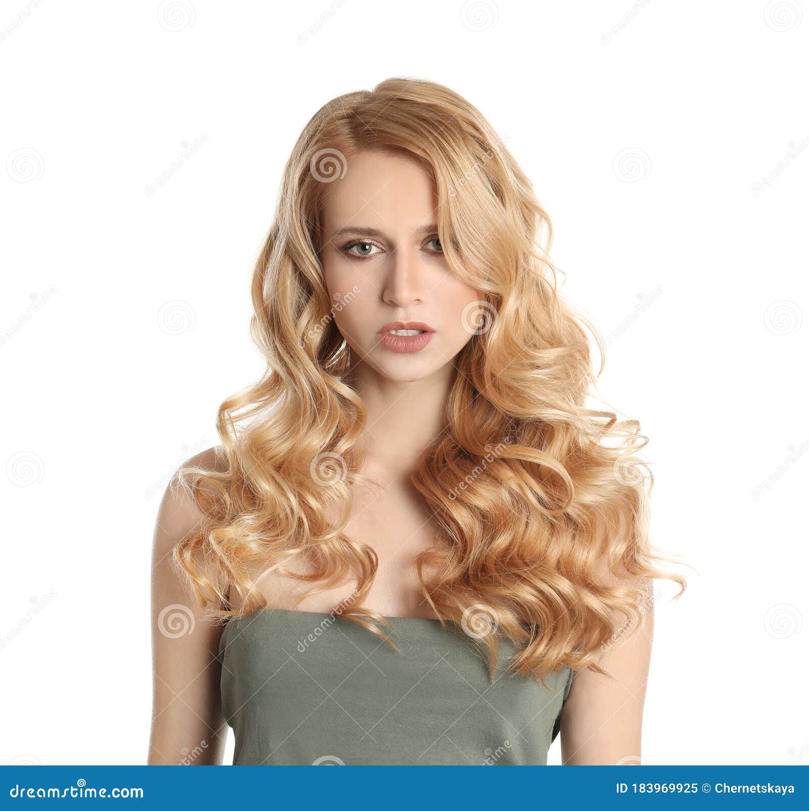 Portrait Of Woman With Long Blonde Hair On White Background Stock Image